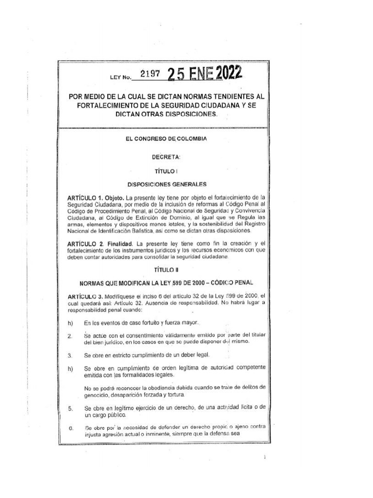 Ley 2197 Del 25 De Enero De 2022 Liviano Pdf