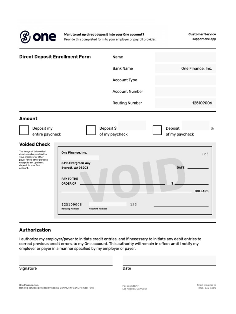 One Direct Deposit Form | PDF