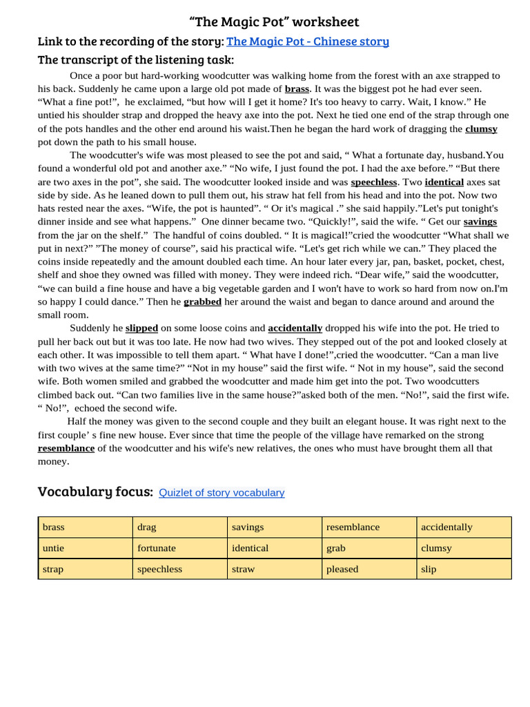 "The Magic Pot" Worksheet | PDF