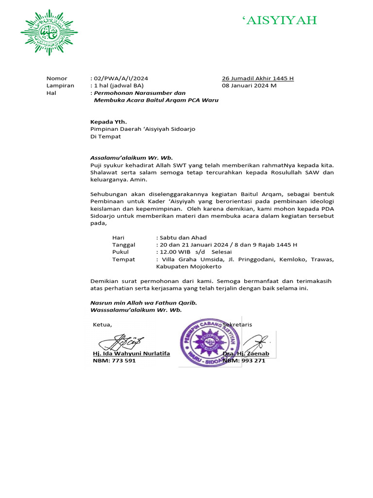 Srt. No. 02 Narsum BA Kepada PDA Sidoarjo | PDF