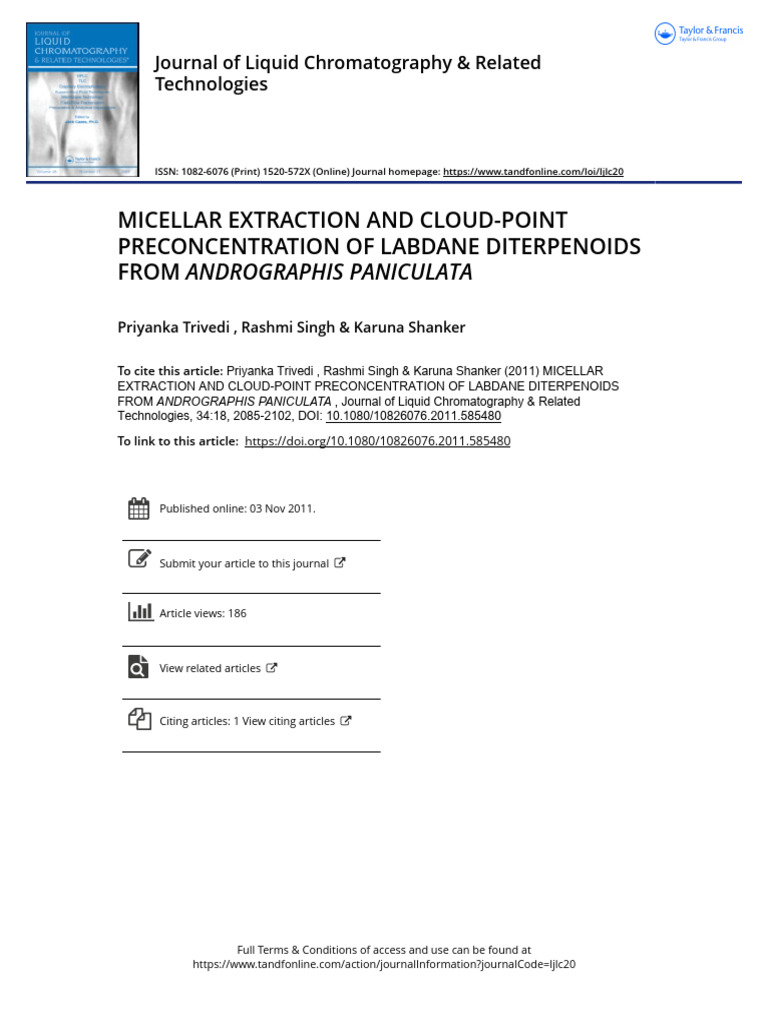Micellar Extraction and Cloud Point Preconcentration of Labdane Diterpenoids From Andrographis ...