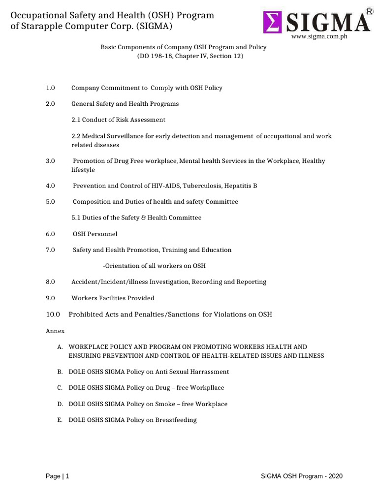 SIGMA OSHS Program 2020 | PDF | Occupational Safety And Health | Regulatory Compliance