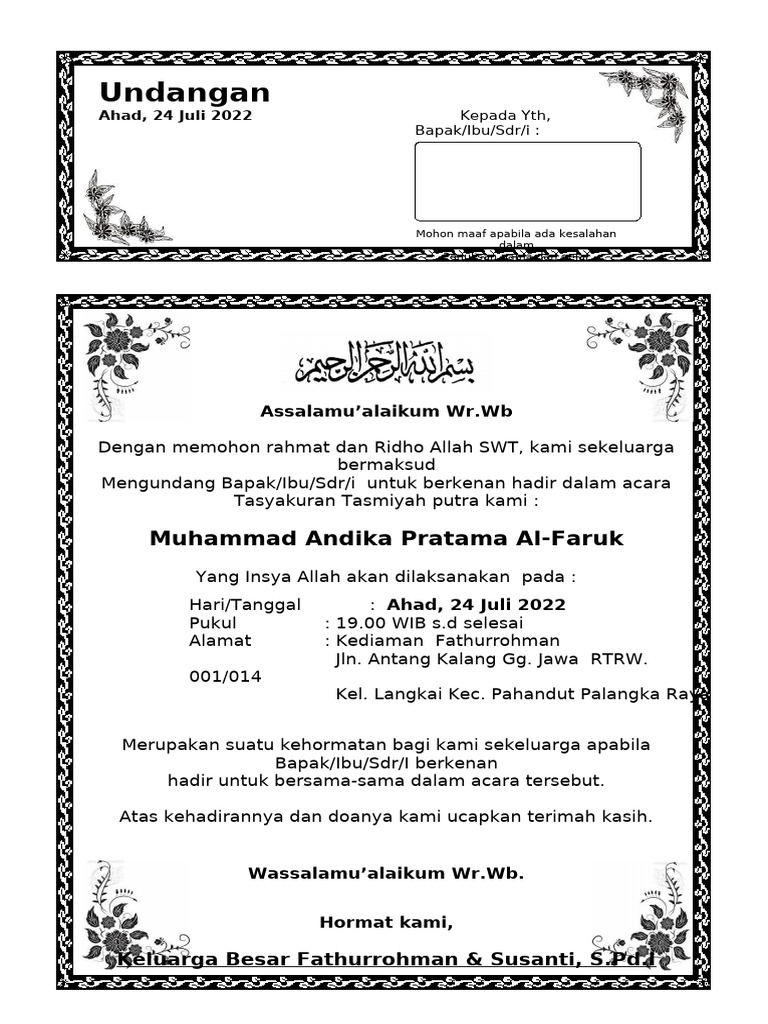 Undangan Tasmiyah Ananda Andika Pratama | PDF