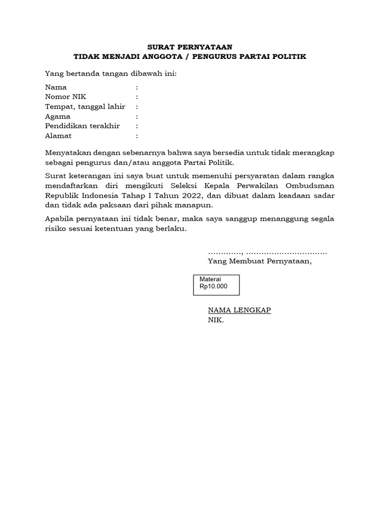 Format Surat Tidak Menjadi Anggota Pengurus Parpol | PDF Format Surat Tidak Menjadi Anggota Pengurus Parpol | PDF