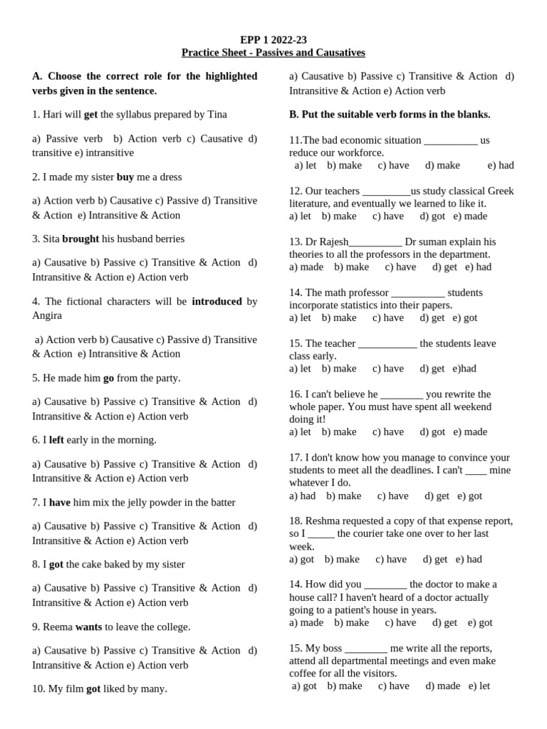 Passives and Causatives Practice Sheet | PDF
