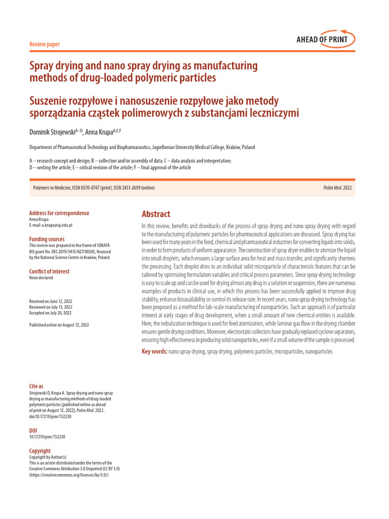 Spray Drying and Nano Spray Drying As Manufacturin | PDF