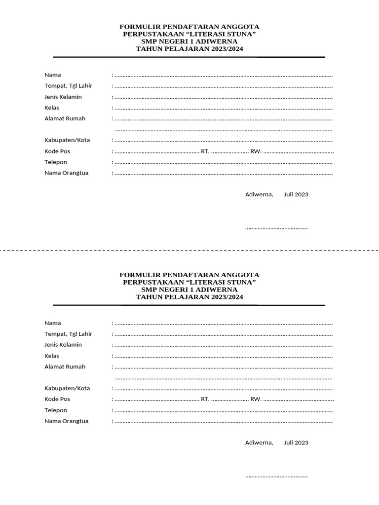Formulir Pendaftaran Anggota Perpustakaan | PDF