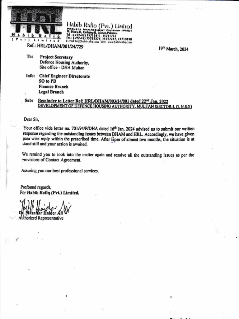 Reminder To Letter Ref. (HRL - Dham.003.24.001) Dated 22-01-2022 | PDF