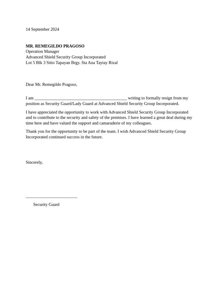 Security Guard Resignation Letter Template | PDF | Career & Growth