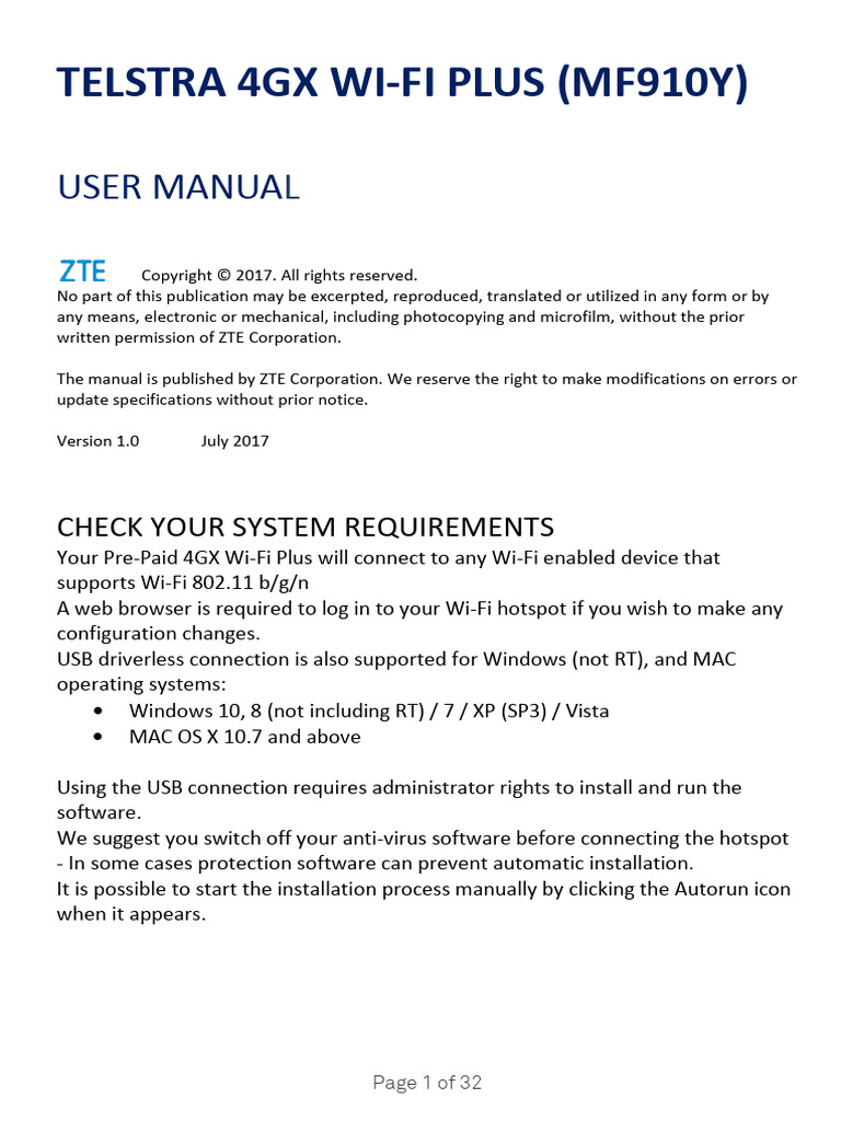 Telstra 4GX Wi-Fi Plus Modem MF910Y User Manual | PDF