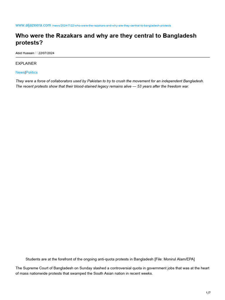 Who Were The Razakars and Why Are They Central To Bangladesh Protests | PDF