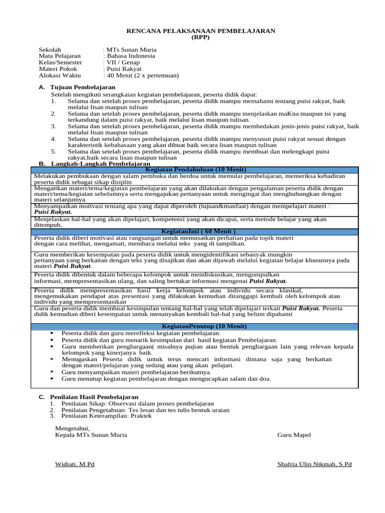 RPP 7 Puisi Rakyat Dan LKPD | PDF