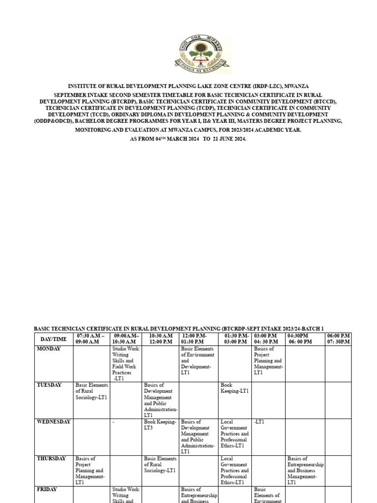 First Draft - Second Semester Timetable Sept Intake 2023-2024. | PDF