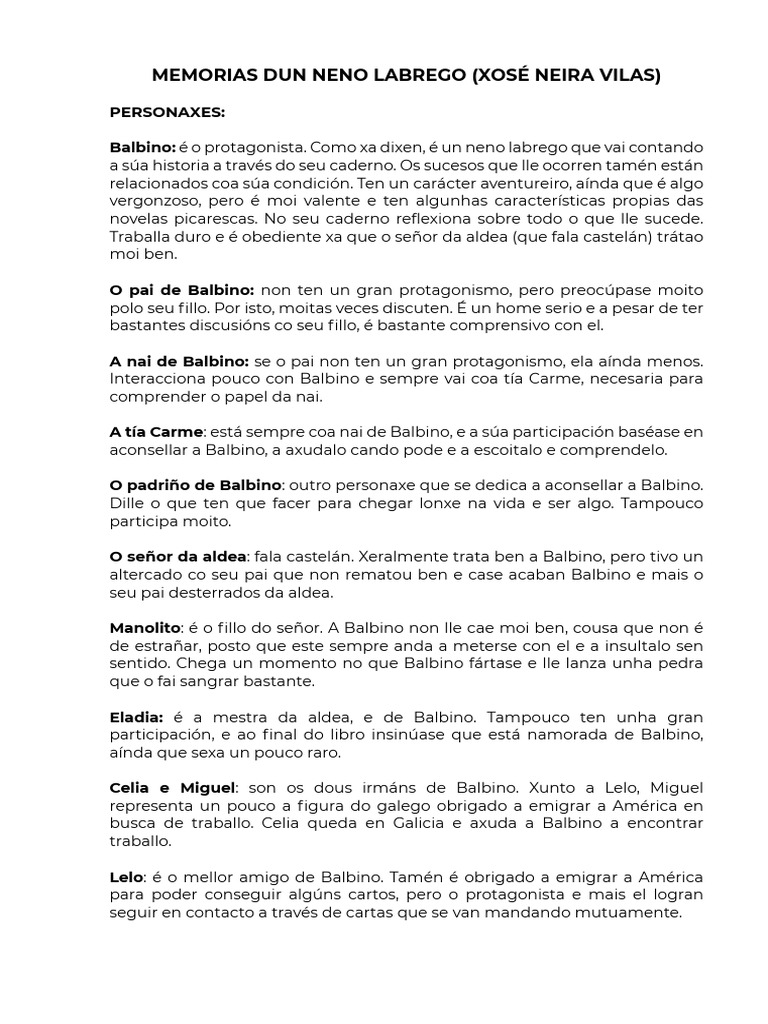 Memorias Dun Neno Labrego - Personaxes e Vocabulario Mínimo | PDF