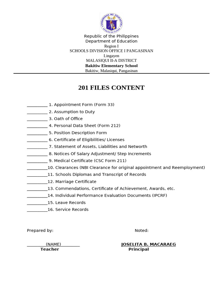 201 Checklist-Bakitiw Es | PDF