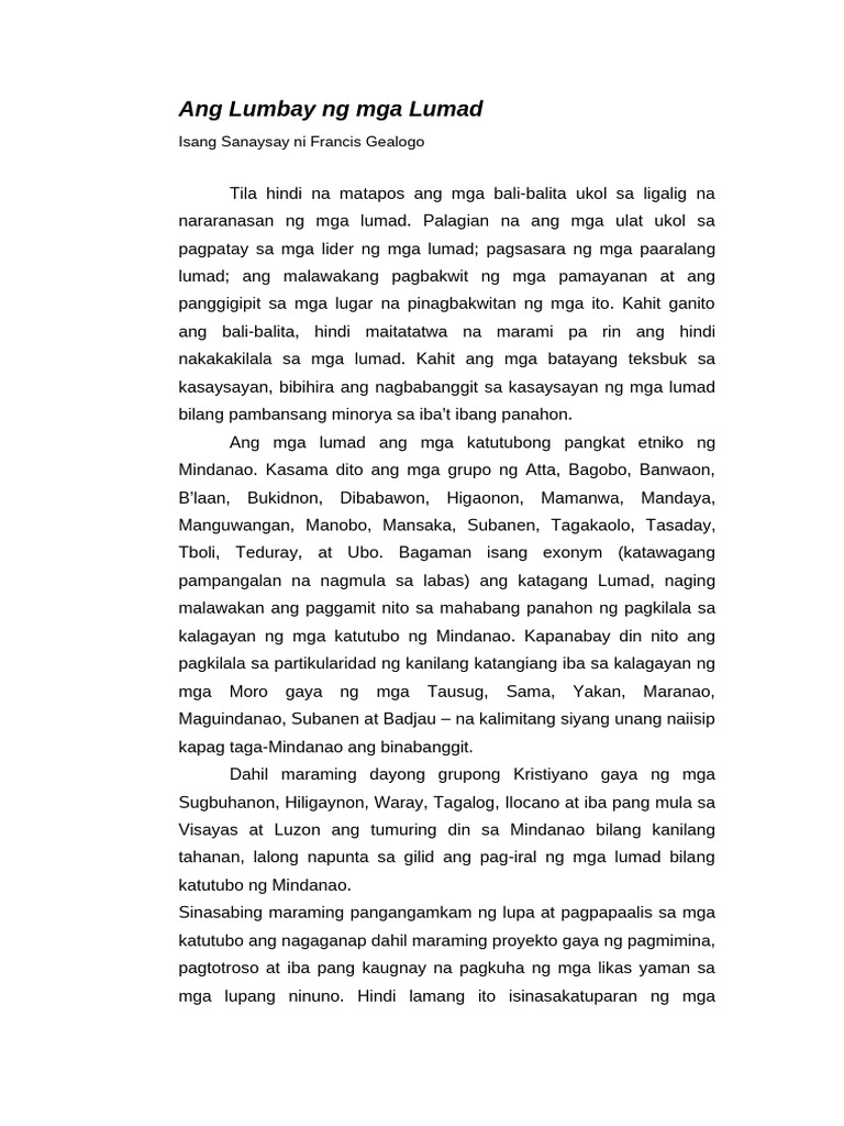 Ang Lumbay NG Mga Lumad - 1 | PDF