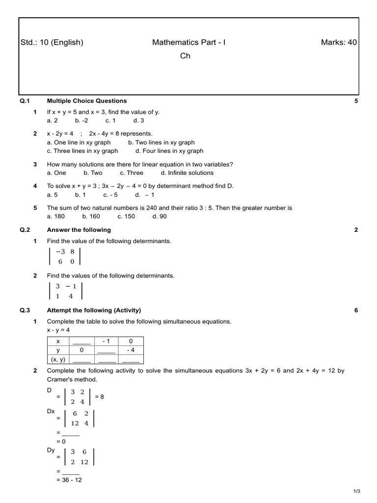 (Linear Eqn in Two Variable) Test 3algebratest | PDF | Determinant ...