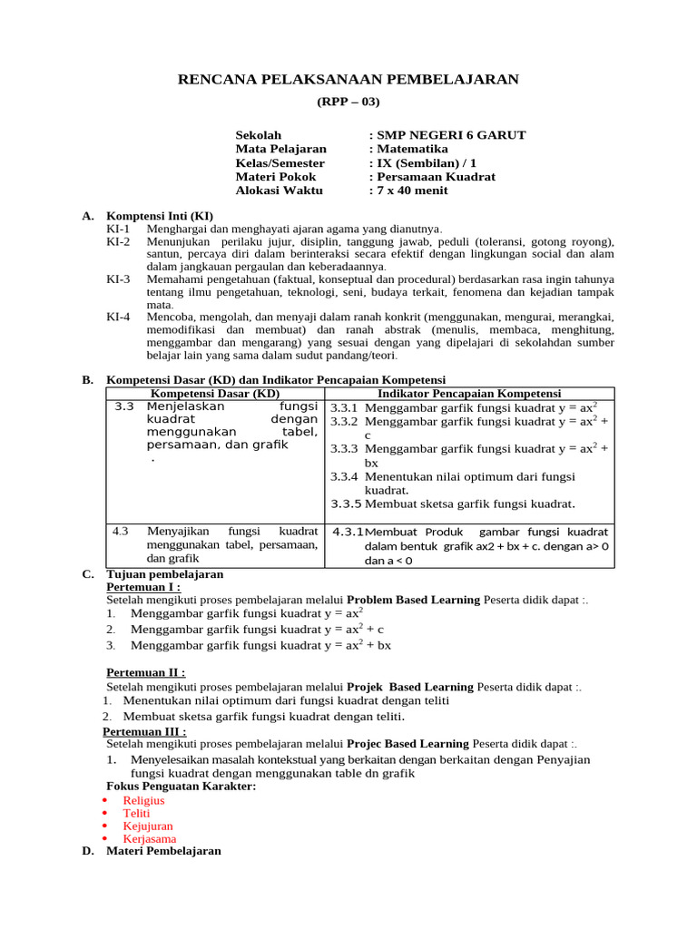 RPP 3. 3 Fungsi Kuadrat .12019 | PDF