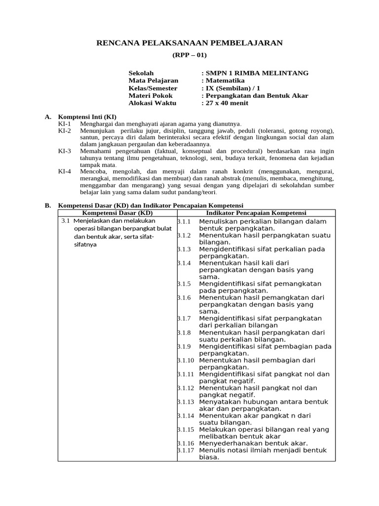 RPP 3. 1 Bilangan Berpangkat.12018 | PDF
