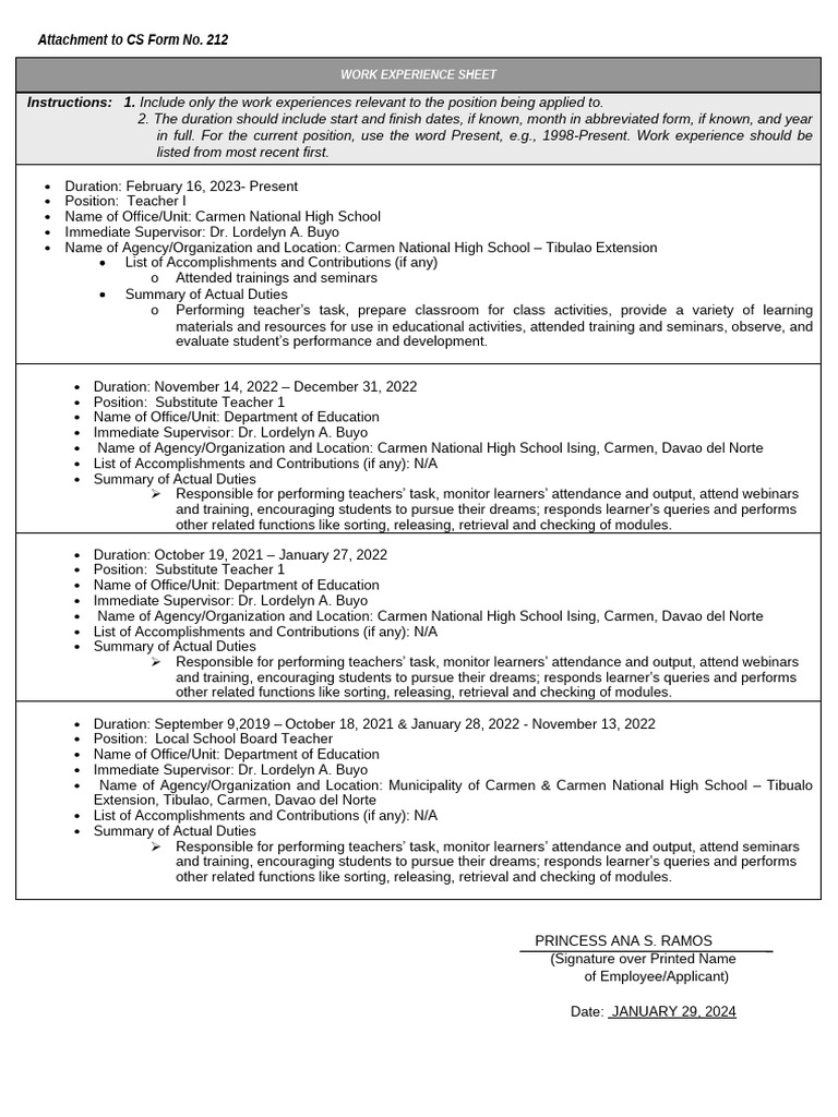 ACS - Form - No - 212 - Work - Experience - Sheet 2022 | PDF