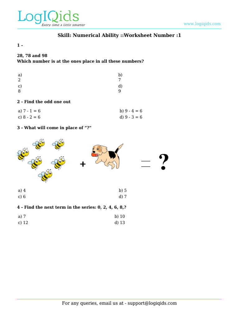 Skill: Numerical Ability::Worksheet Number:1: 1 - 28, 78 and 98 Which Number Is at The Ones ...