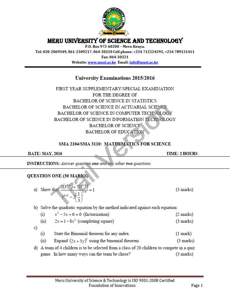 SMA-2104-SMA-3110-MATHEMATICS-FOR-SCIENCE | PDF