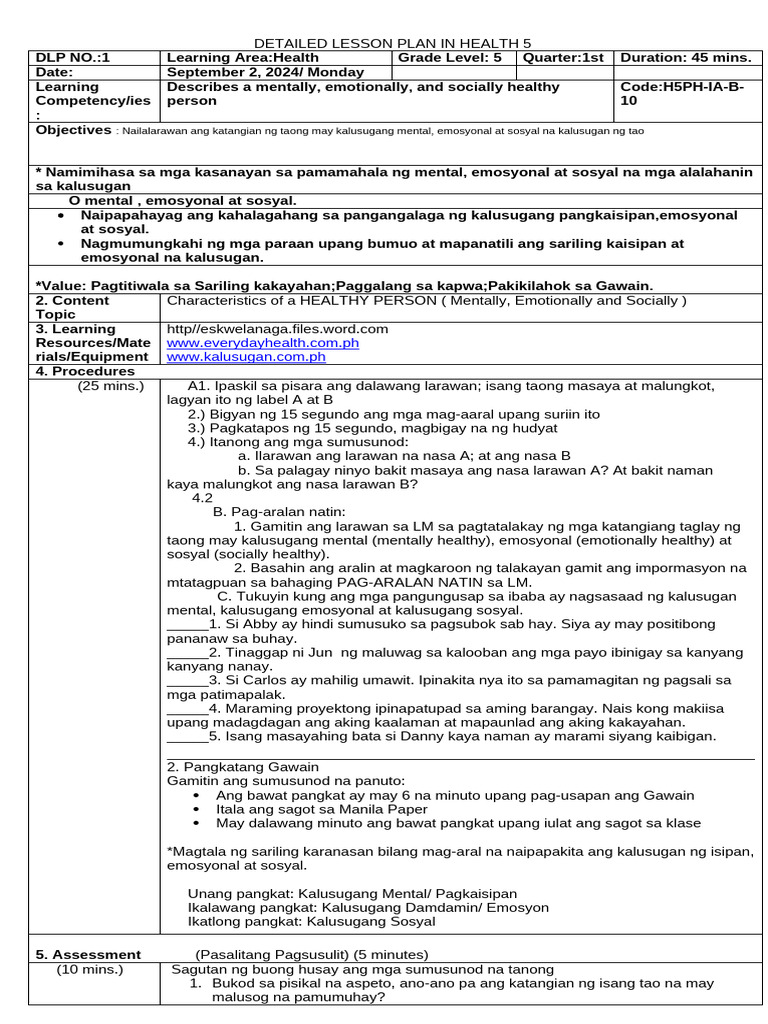 Detailed Lesson Plan in Health 5-1 | PDF | Career & Growth | Self ...