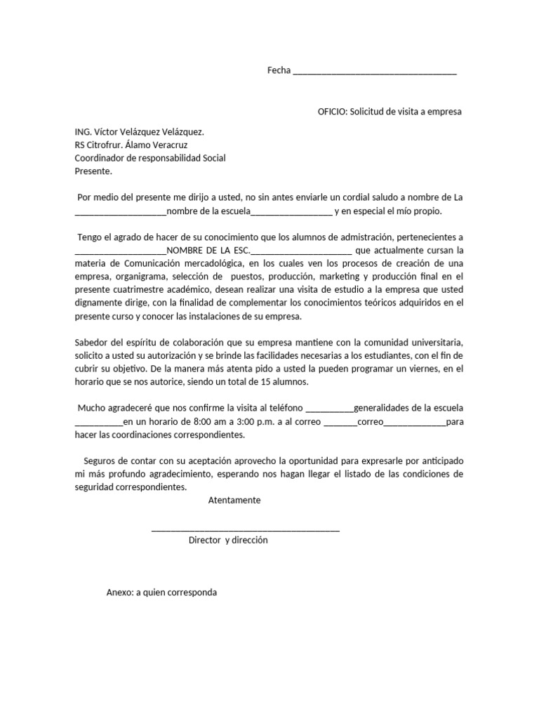 Oficio Solicitud de Visita | PDF