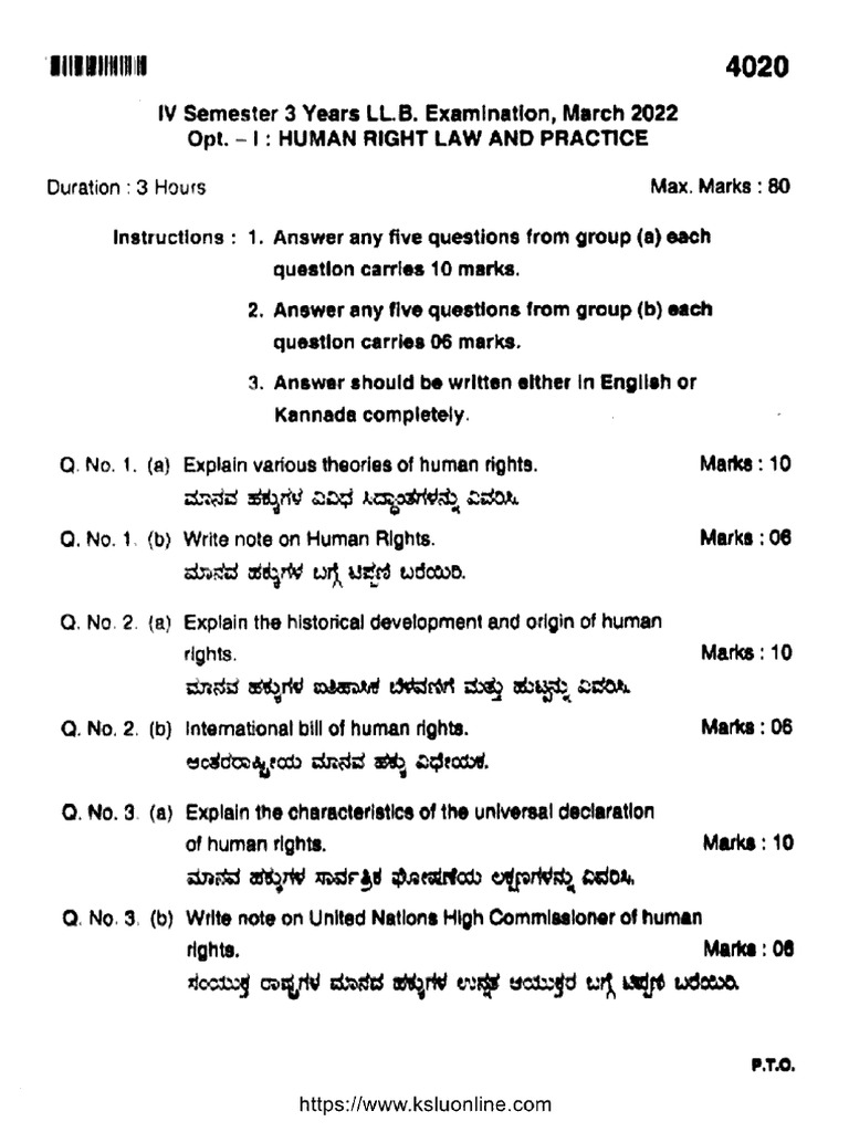 LLB 4 Sem Human Right Law and Practice 4020 Mar 2022 | PDF