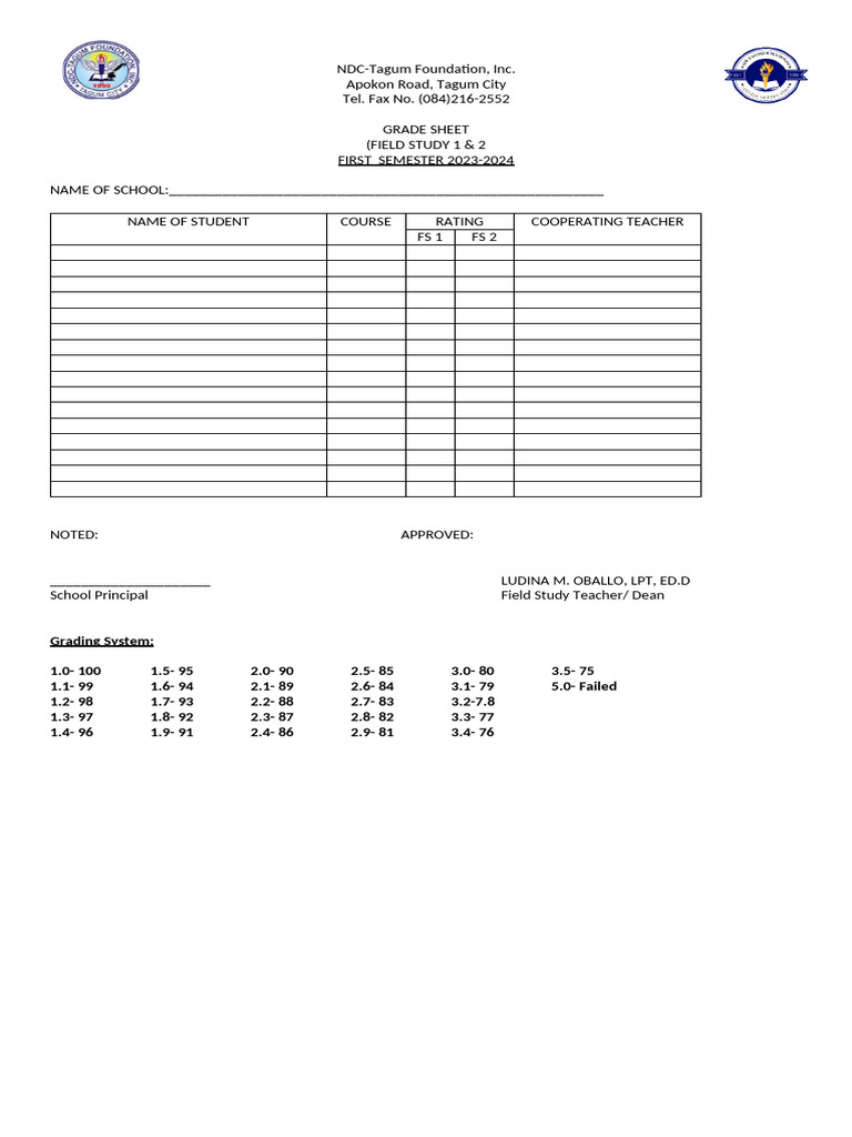 Grade Sheet Formatfs Practicum 2023 24 | PDF
