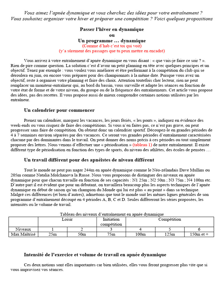 Programmer Entrainement Apnee Dynamique | PDF