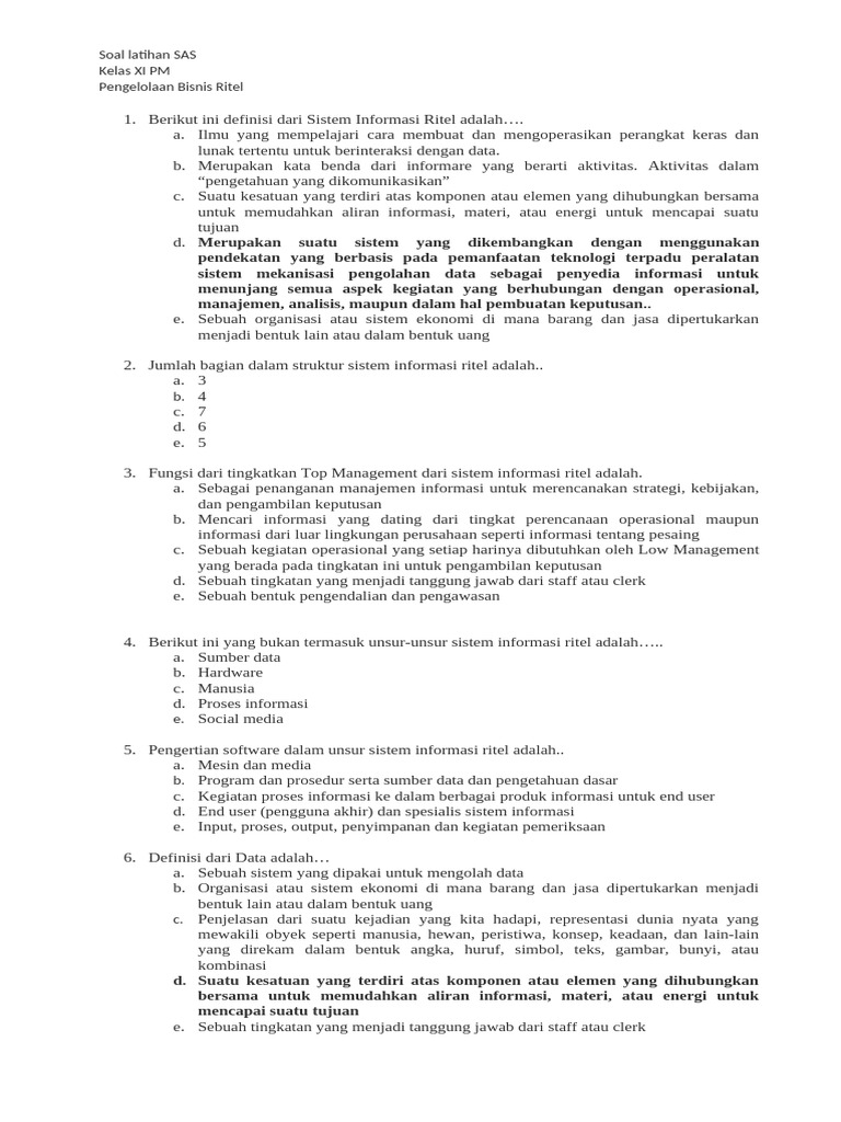 Soal Latihan SAS Kelas XI PM | PDF