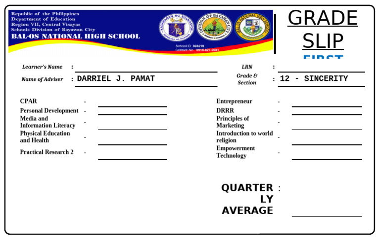 Grade Slip Template | PDF