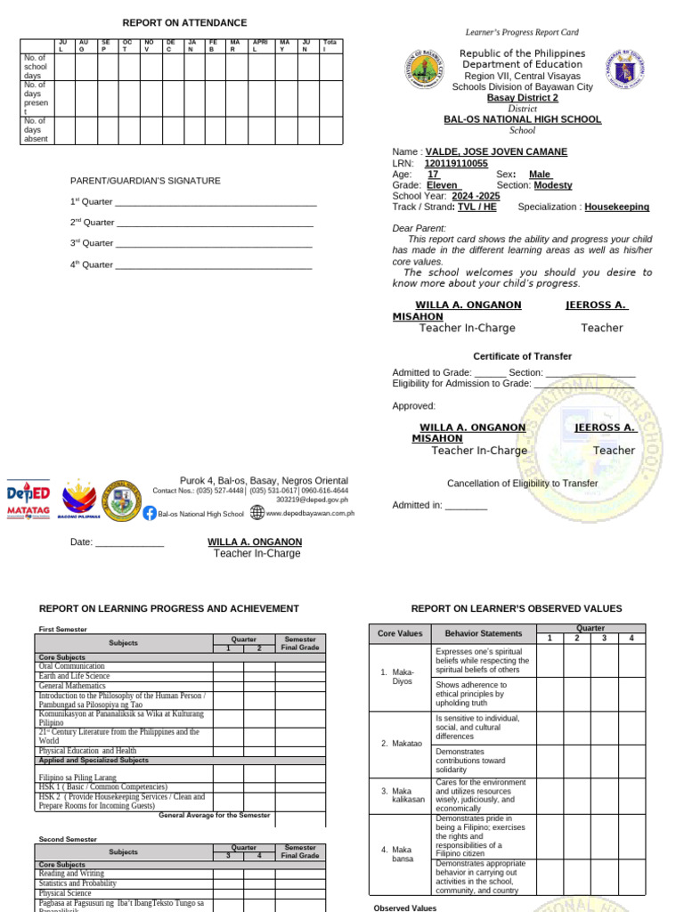 SHS Learners Progress Report Card in HOUSEKEEPING | PDF