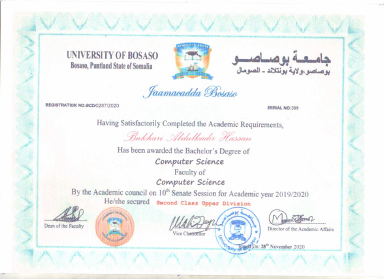 Bosaso Universty Certificate | PDF
