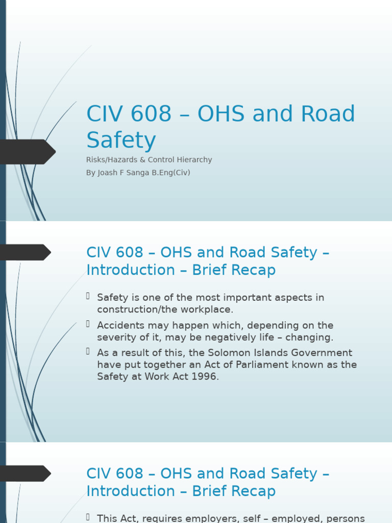 CIV 608 - OHS and Road Safety - Risks - Hazards - Control Heirarchy | PDF