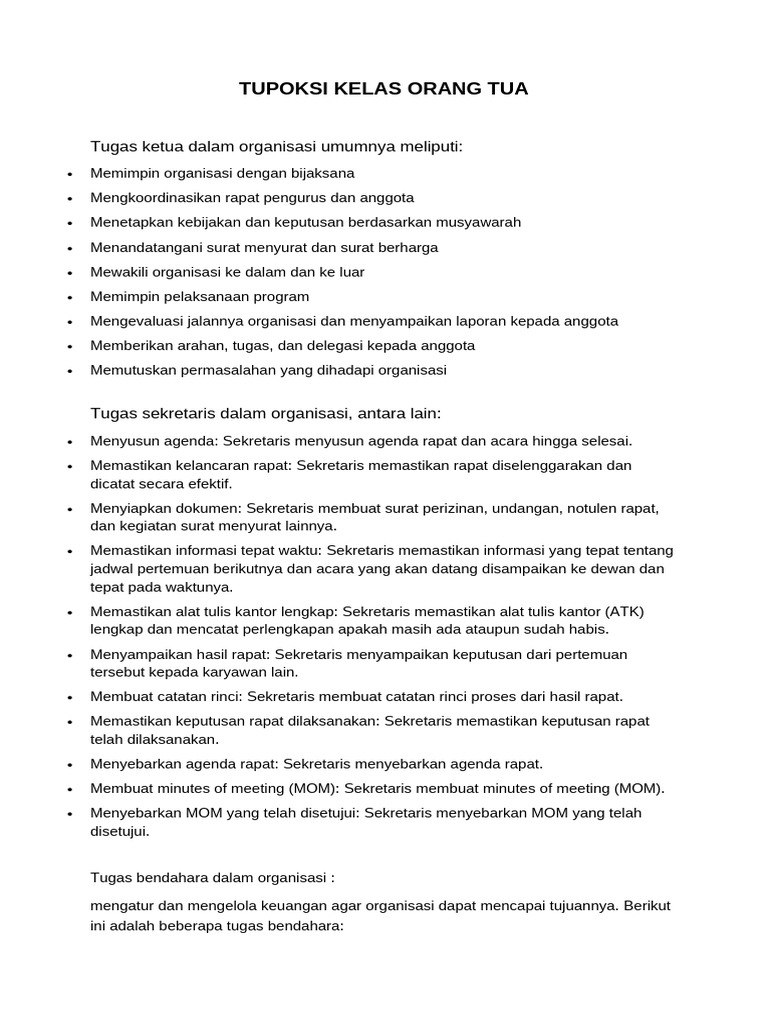 Tupoksi Kelas Orang Tua | PDF
