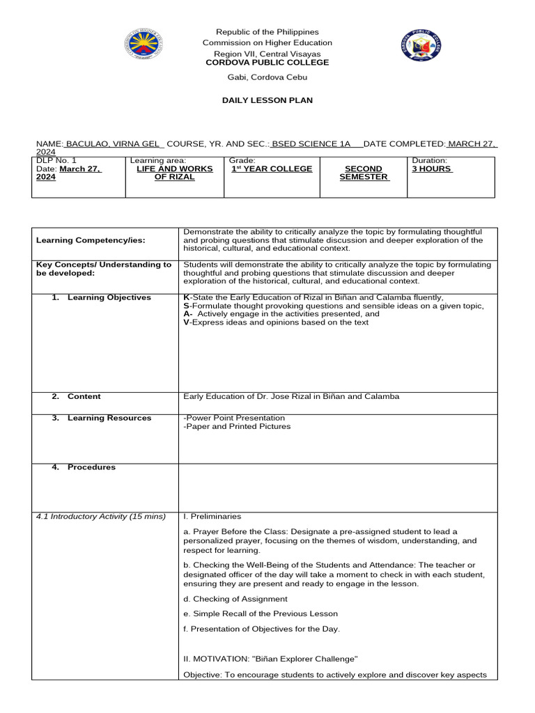 DETAILED LESSON PLAN IN RIZAL | PDF