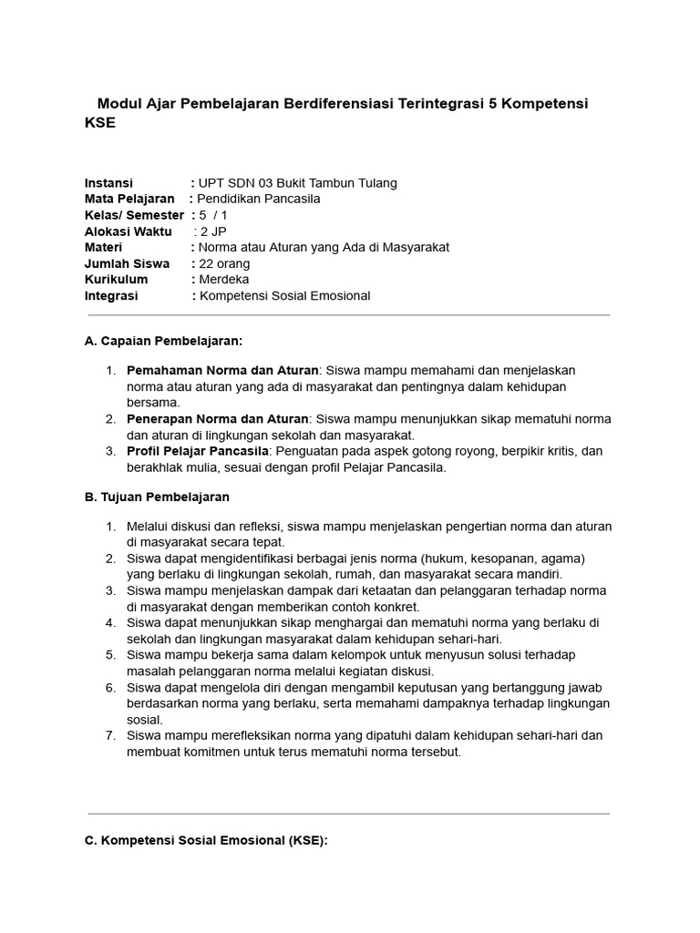 RPP Berdiferensiasi 5 KSE Mapel P.Pancasila | PDF