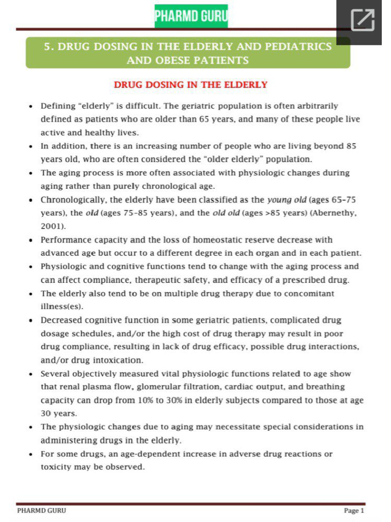 Drug Dosing in The Elderly, Pediatrics and Obese Patients | PDF