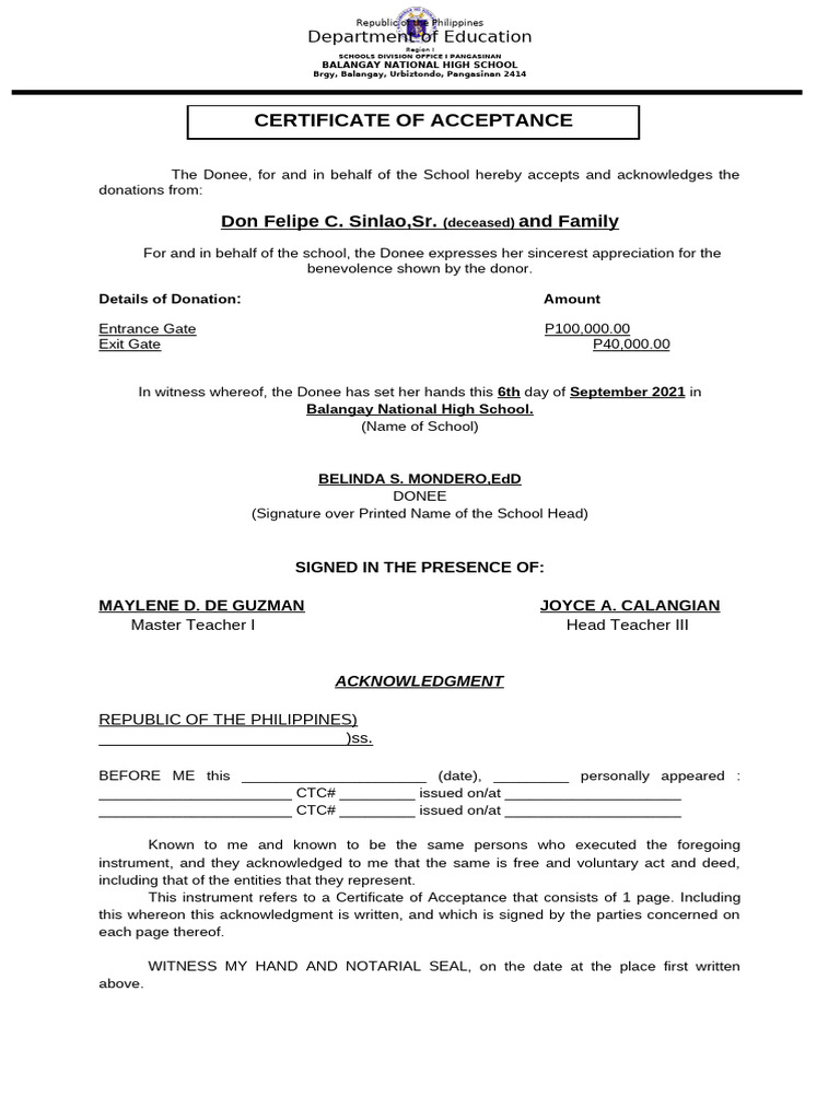 CERTIFICATE OF ACCEPTANCE | PDF