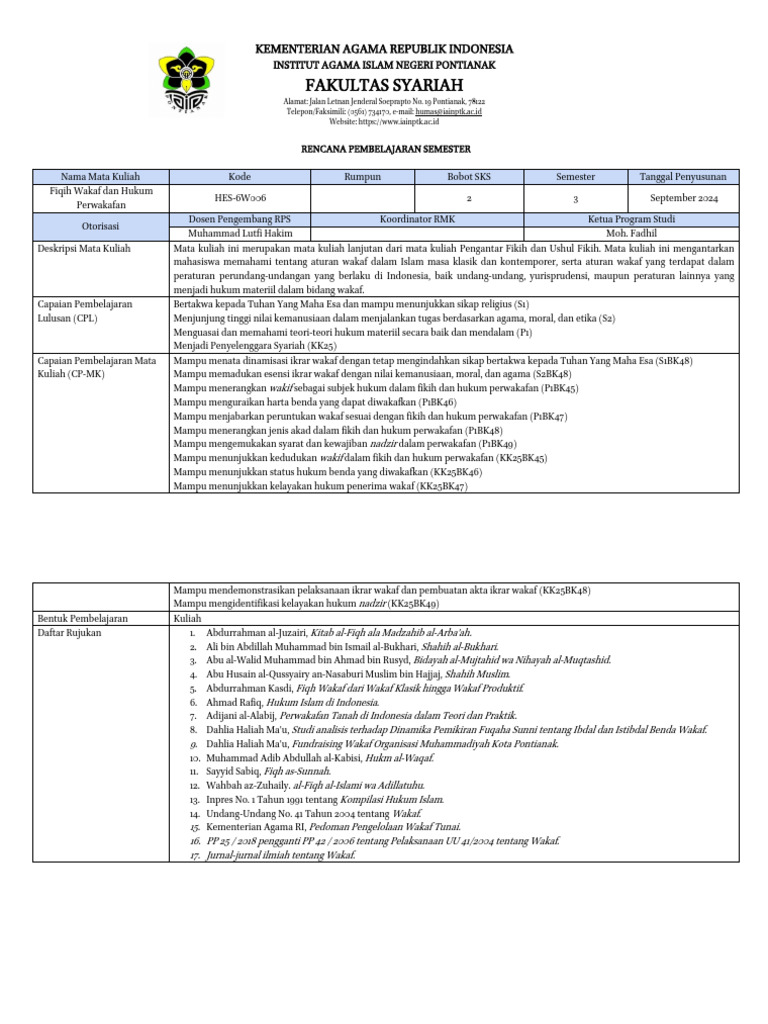 RPS Fikih Dan Hukum Perwakafan | PDF