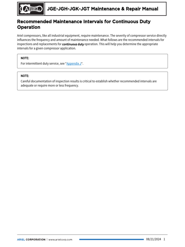 Recommended Maintenance Intervals For Continuous Duty Operation | PDF