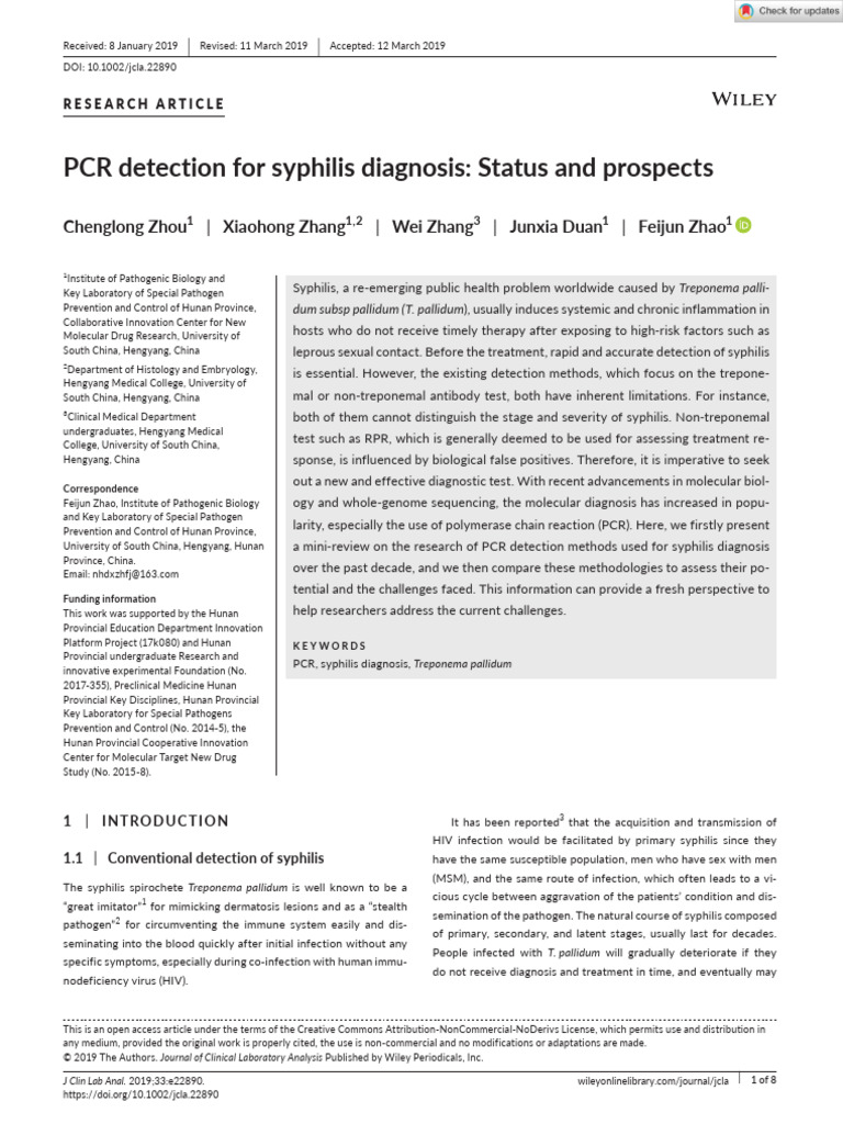 Clinical Laboratory Analysis - 2019 - Zhou - PCR detection for syphilis diagnosis Status and ...