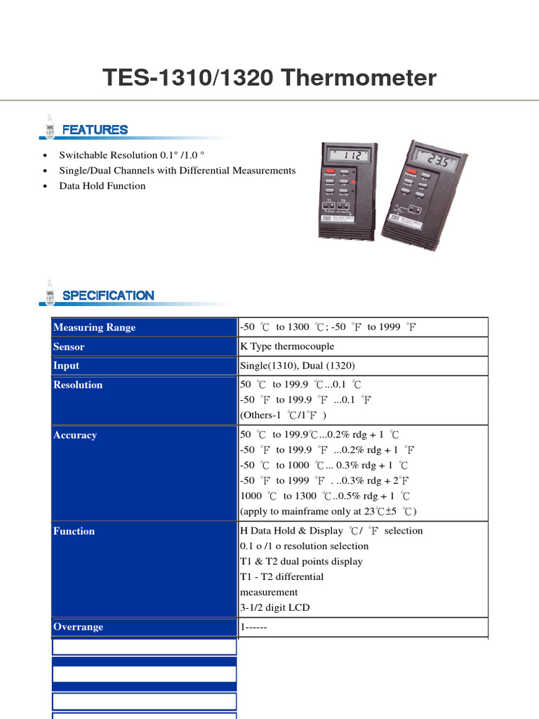 TES-1310/1320 Thermometer: Measuring Range Sensor Input Resolution | PDF