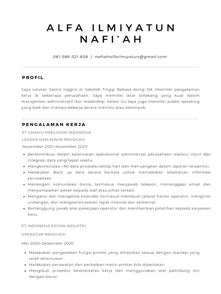 Alfa Ilmiyatun Nafiah Kepala Cabangkepala Pos Resume Not Suit Manufaktur | PDF