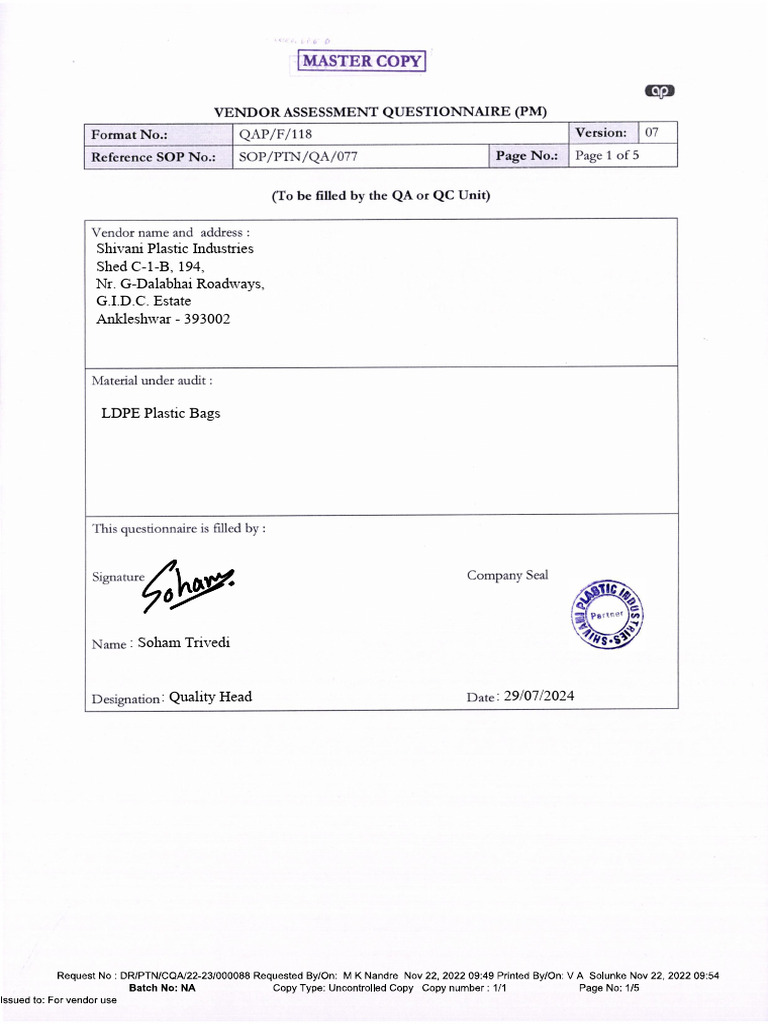 Vendor Assessment Questionnaire (PM) | PDF