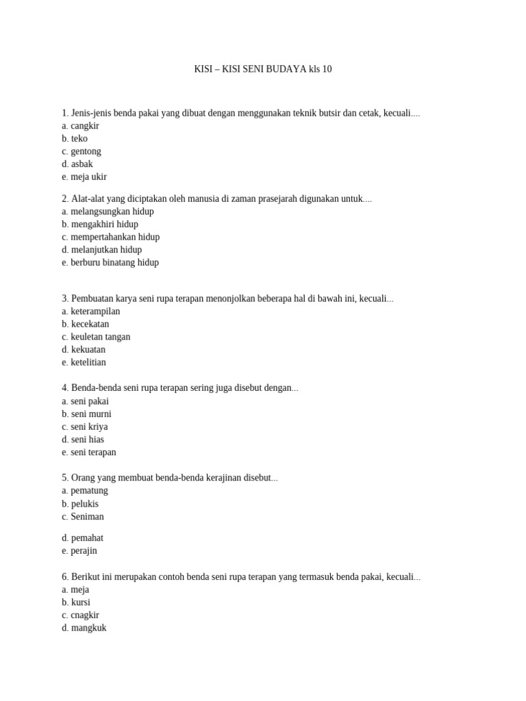 KISI SENI BUDAYA Kls 10 | PDF