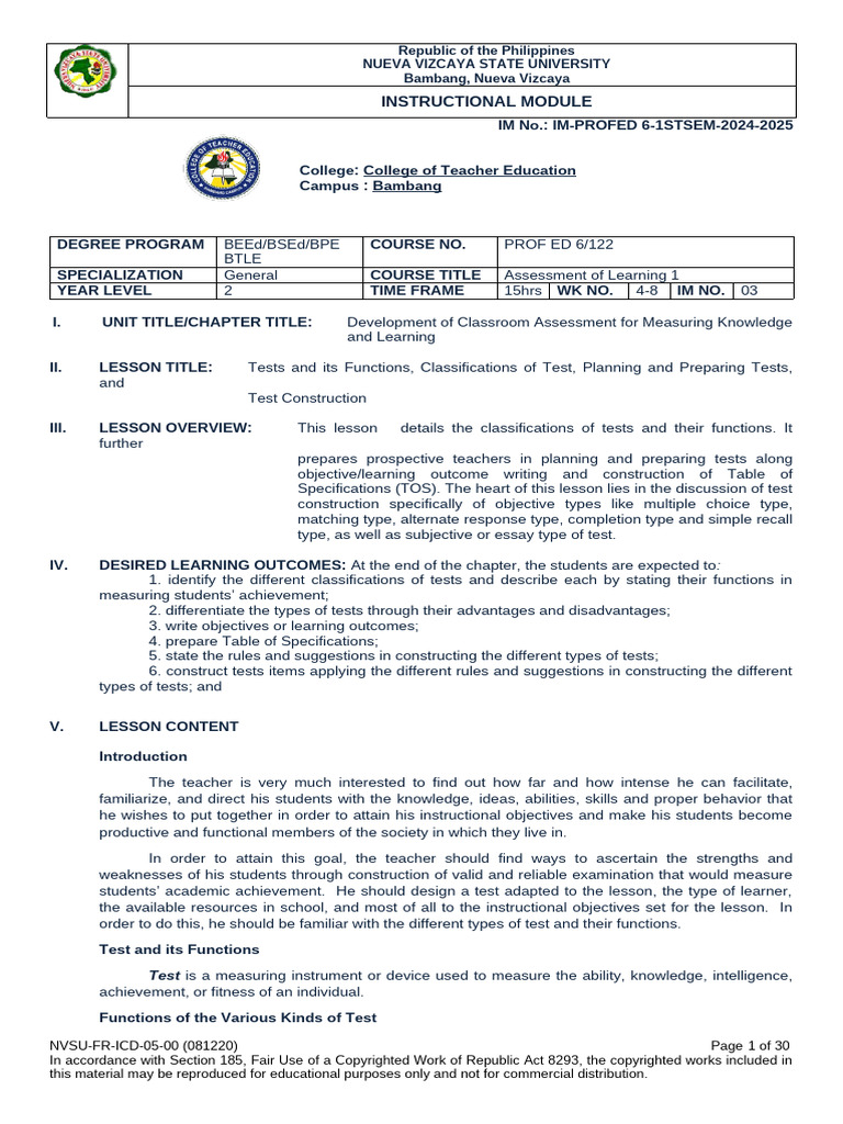 Module 3 - Assessment of Learning 1 LESSON CONTENT | PDF