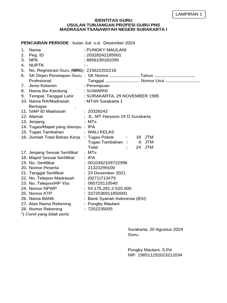 Lembar Cek List Usulan Tunjangan TPG Juli-Desember 2024 | PDF